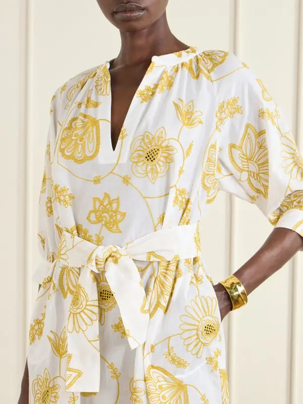 ERES Sari Anjana Belted Embroidered Cotton-blend Midi Dress - Yellow