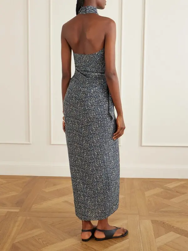 CORTANA Corallo Printed Silk Halterneck Midi Dress