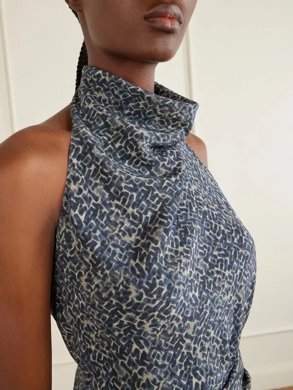 CORTANA Corallo Printed Silk Halterneck Midi Dress