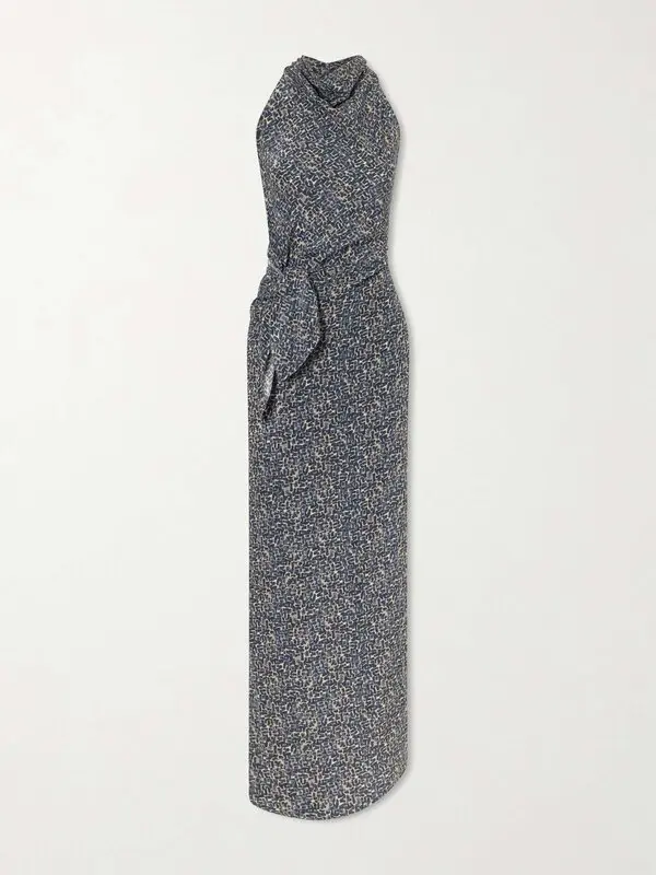 CORTANA Corallo Printed Silk Halterneck Midi Dress