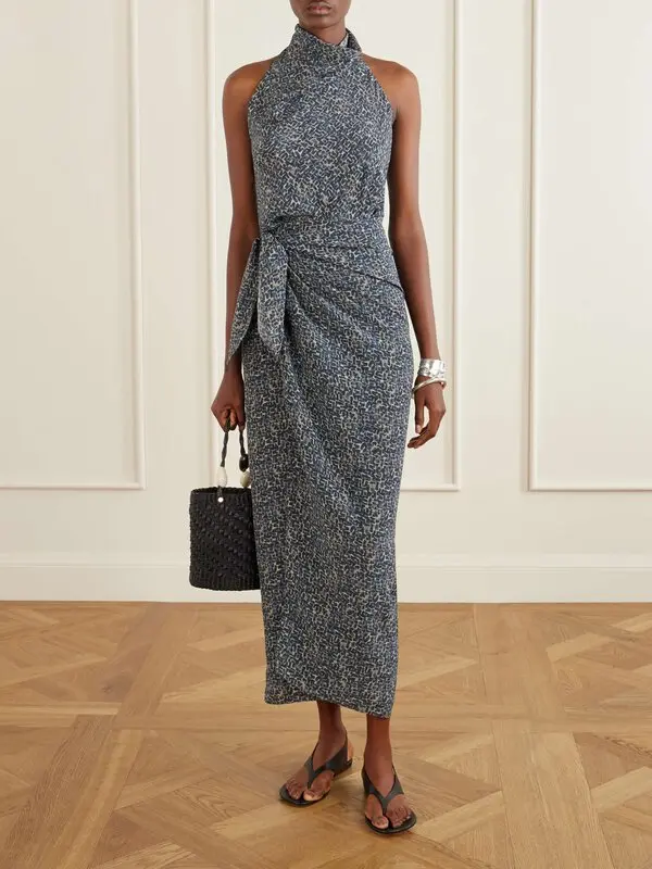 CORTANA Corallo Printed Silk Halterneck Midi Dress