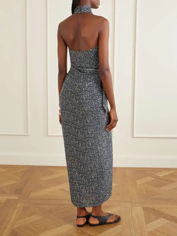 CORTANA Corallo Printed Silk Halterneck Midi Dress