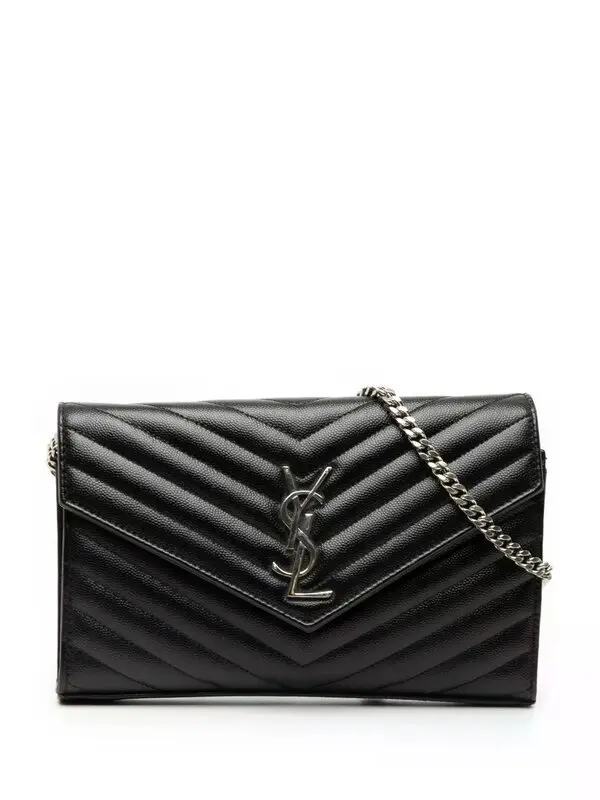 Saint Laurent 2017 Grain De Poudre Chevron Monogram Envelope Chain Wallet - Black
