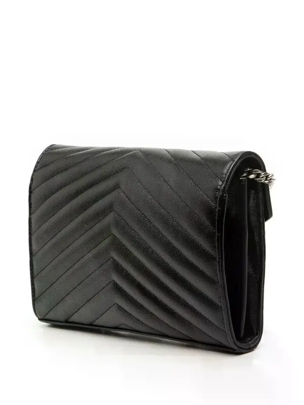 Saint Laurent 2017 Grain De Poudre Chevron Monogram Envelope Chain Wallet - Black