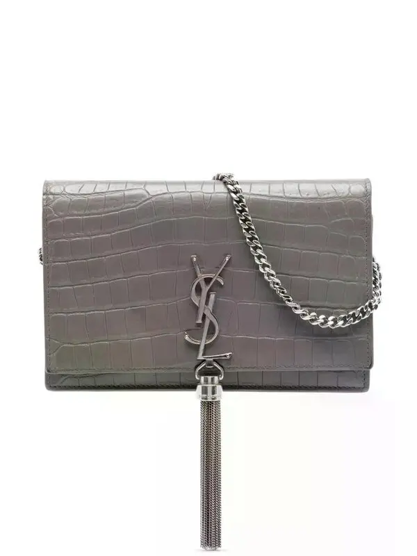 Saint Laurent Croc Embossed Leather Monogram Kate Tassel Wallet On Chain - Grey