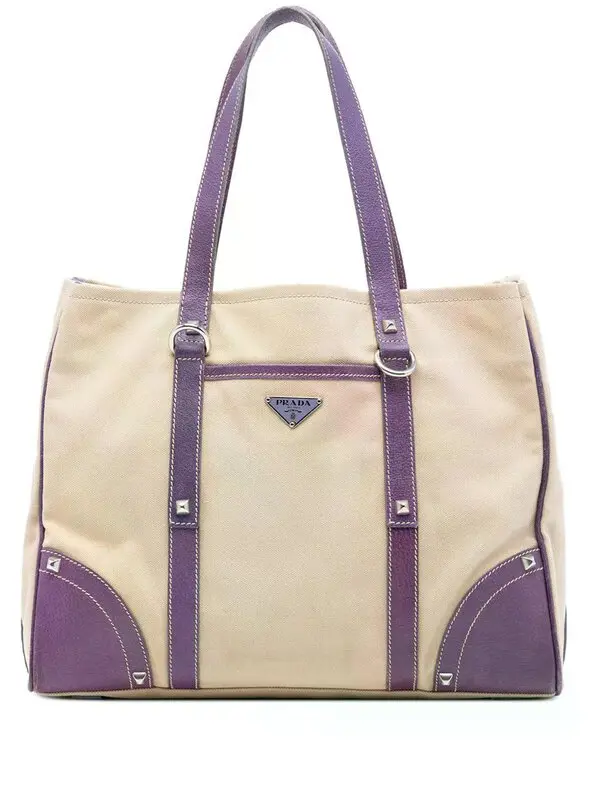 Prada Studded Leather Trimmed Canvas Front Pocket Tote Satchel - Brown