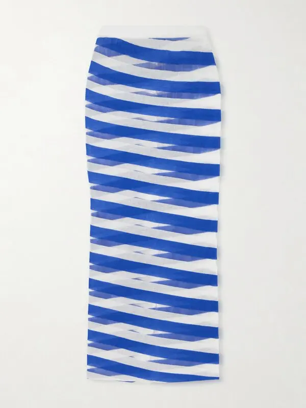 Stella McCartney Striped Mesh-paneled Cotton-blend Midi Skirt - Blue