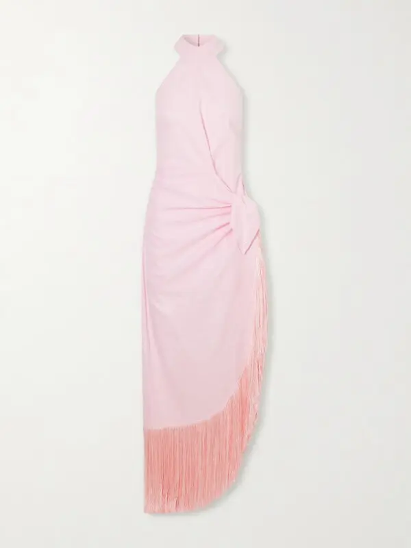 TALLER MARMO Athena Halterneck Fringe-trimmed Linen Midi Dress - Pink