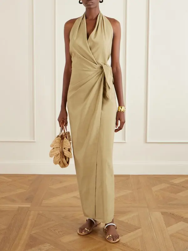 CORTANA Mona" Halterneck Linen And Silk-blend Maxi Dress - Green