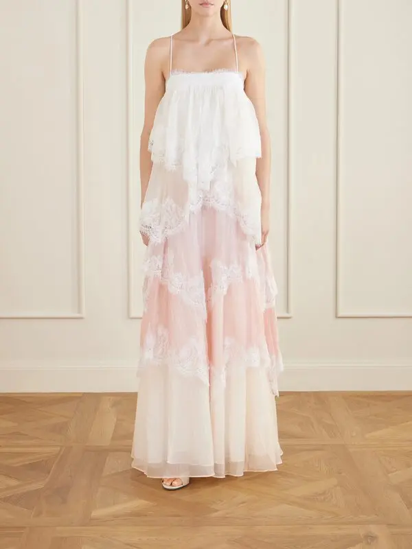 Aje Ophelia Lace-trimmed Ruffled Chiffon Gown