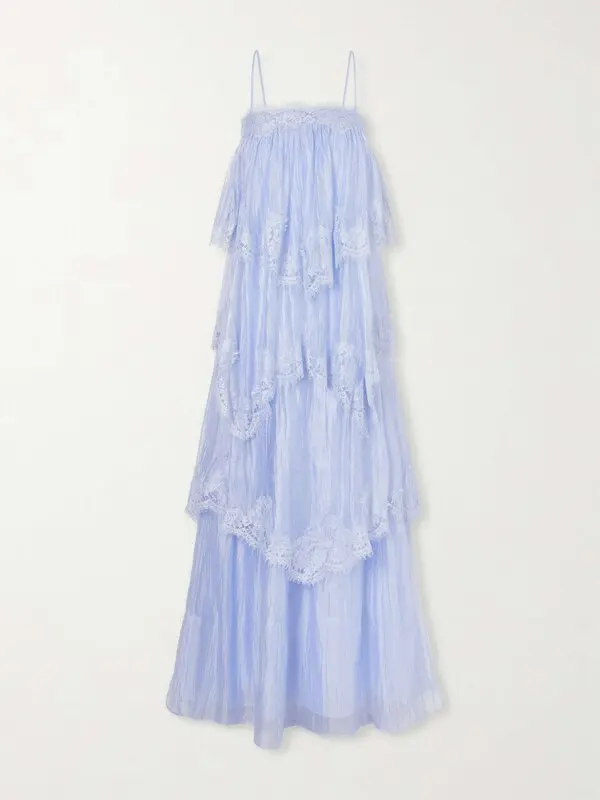 Aje Ophelia Lace-trimmed Ruffled Chiffon Gown - Blue