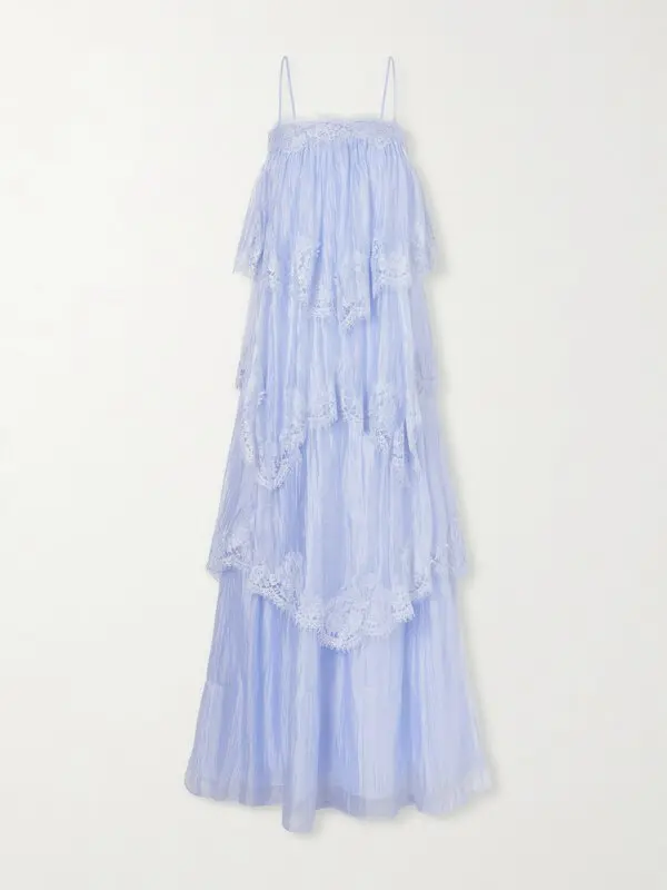 Aje Ophelia Lace-trimmed Ruffled Chiffon Gown - Blue
