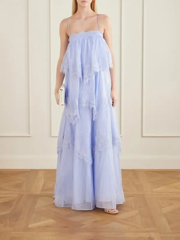 Aje Ophelia Lace-trimmed Ruffled Chiffon Gown - Blue