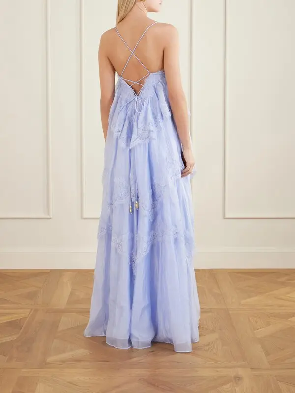 Aje Ophelia Lace-trimmed Ruffled Chiffon Gown - Blue