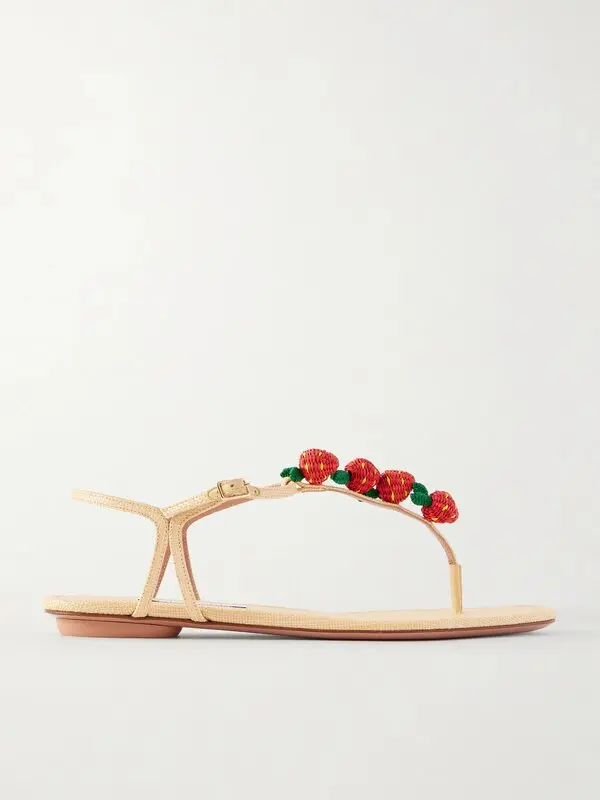 AQUAZZURA Fragolina Sugar Embellished Raffia-effect Flat Sandals - Neutrals