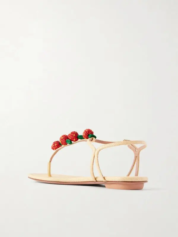 AQUAZZURA Fragolina Sugar Embellished Raffia-effect Flat Sandals - Neutrals