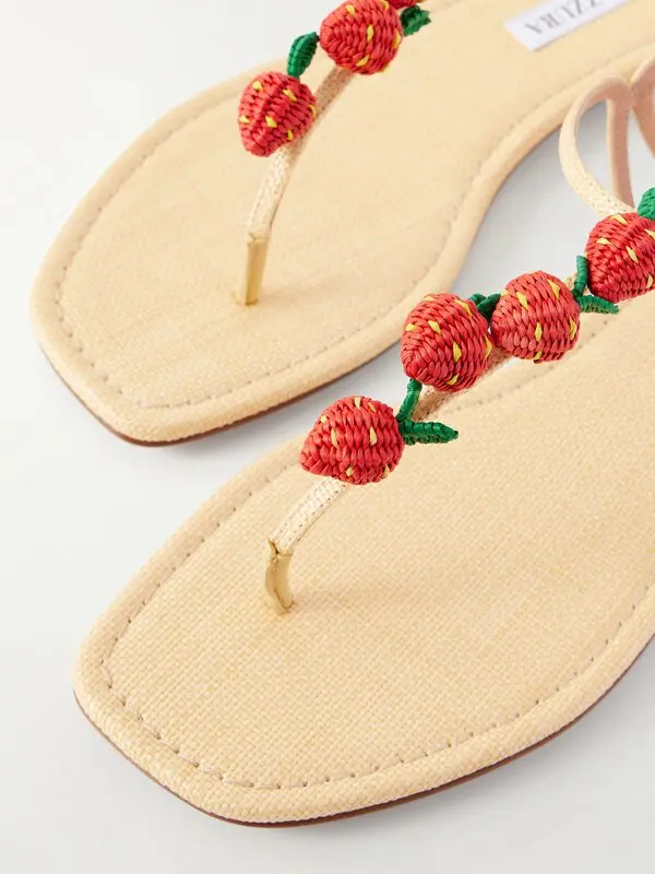 AQUAZZURA Fragolina Sugar Embellished Raffia-effect Flat Sandals - Neutrals