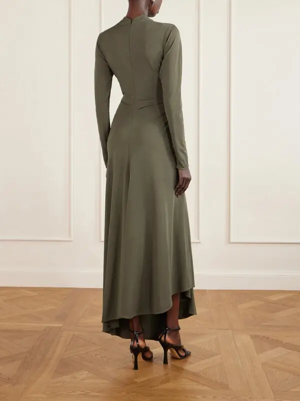 bottega veneta green dress Asymmetric Embellished Gathered Jersey Maxi Dress