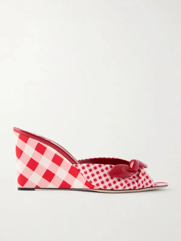 JIMMY CHOO Livi 85mm Leather-trimmed Checked Wedge Mules - Red
