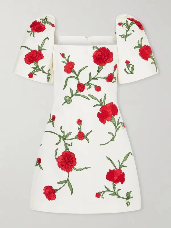 Carolina Herrera Embellished Floral Silk-faille Mini Dress - White