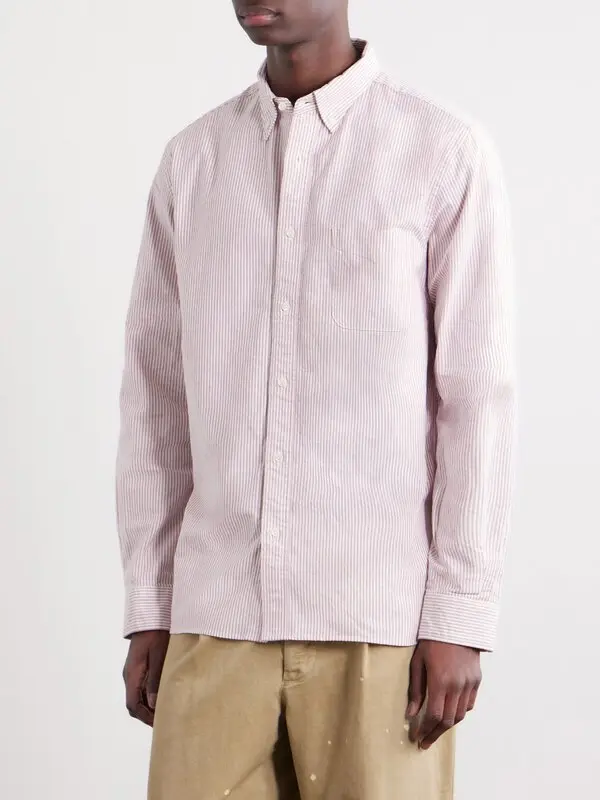 BEAMS Button-down Collar Striped Cotton Shirt - Pink