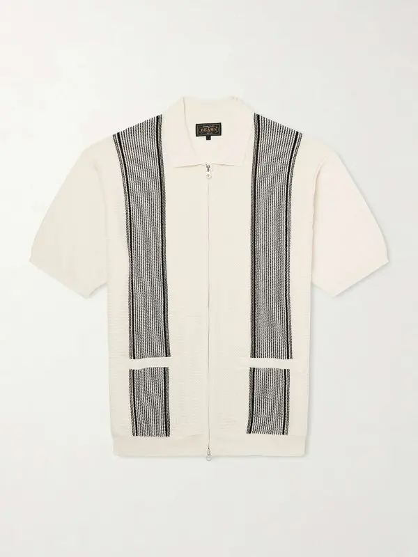 BEAMS Striped Knitted Half-zip Polo Shirt - Ecru