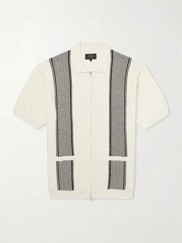 BEAMS Striped Knitted Half-zip Polo Shirt - Neutrals