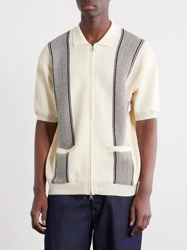 BEAMS Striped Knitted Half-zip Polo Shirt - Neutrals
