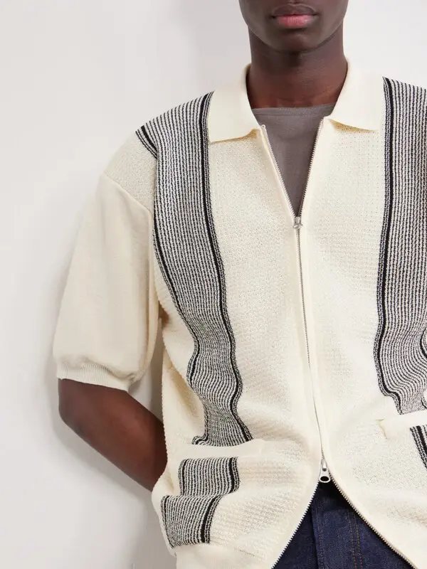 BEAMS Striped Knitted Half-zip Polo Shirt - Neutrals