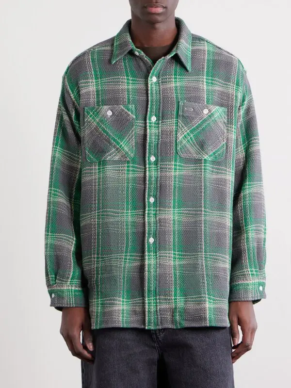 BEAMS Checked Waffle-knit Cotton Shirt - Green