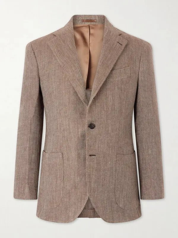 J. MUESER Herrinbone Linen Blazer - Brown