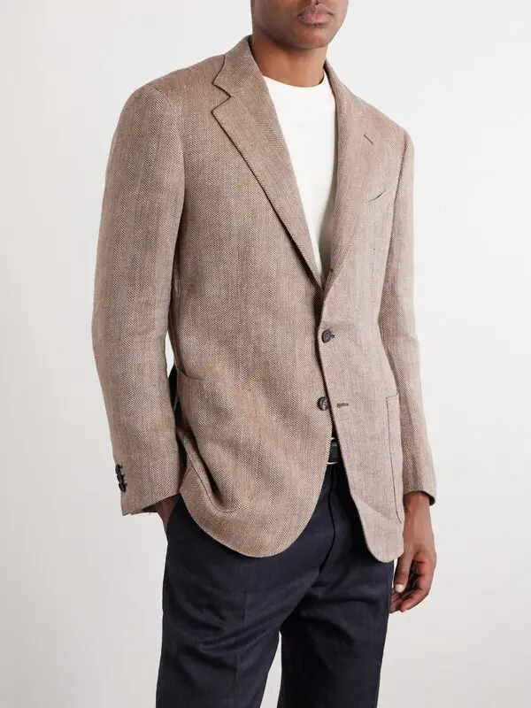 J. MUESER Herrinbone Linen Blazer - Brown