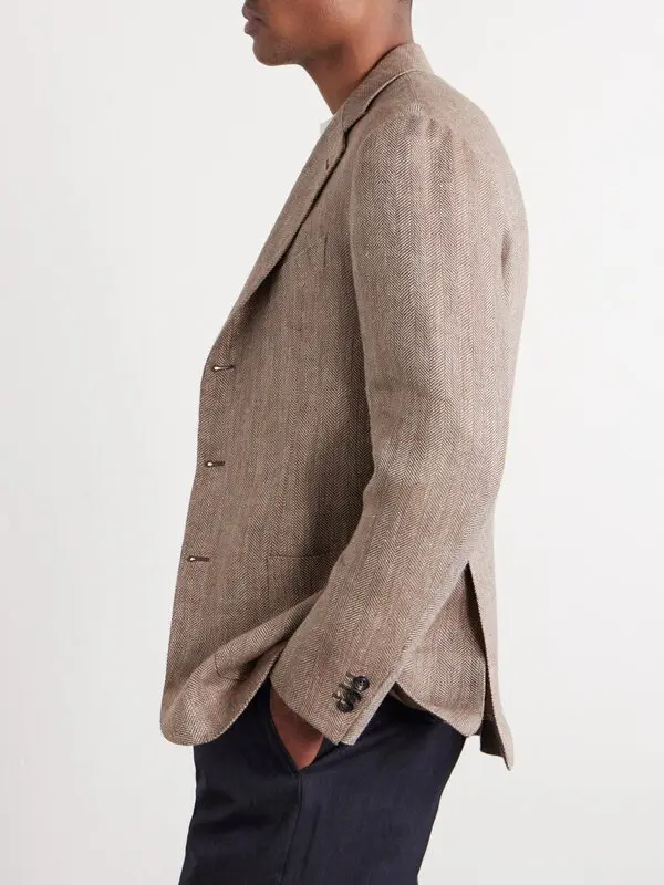J. MUESER Herrinbone Linen Blazer - Brown