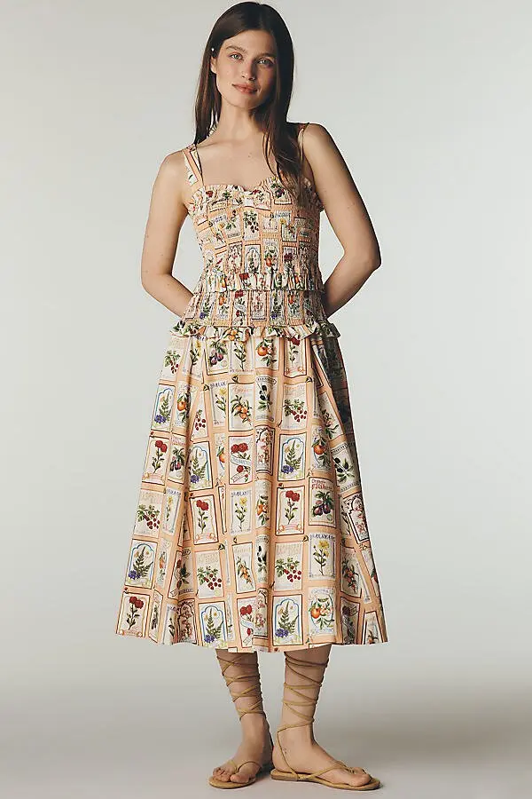 Avec Les Filles Smocked Ruffle Sleeveless Midi Dress