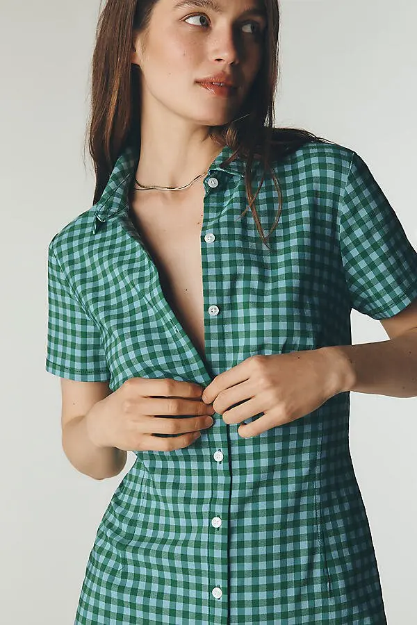 Anthropologie Gingham Midi Shirtdress - Green/blue Gingham