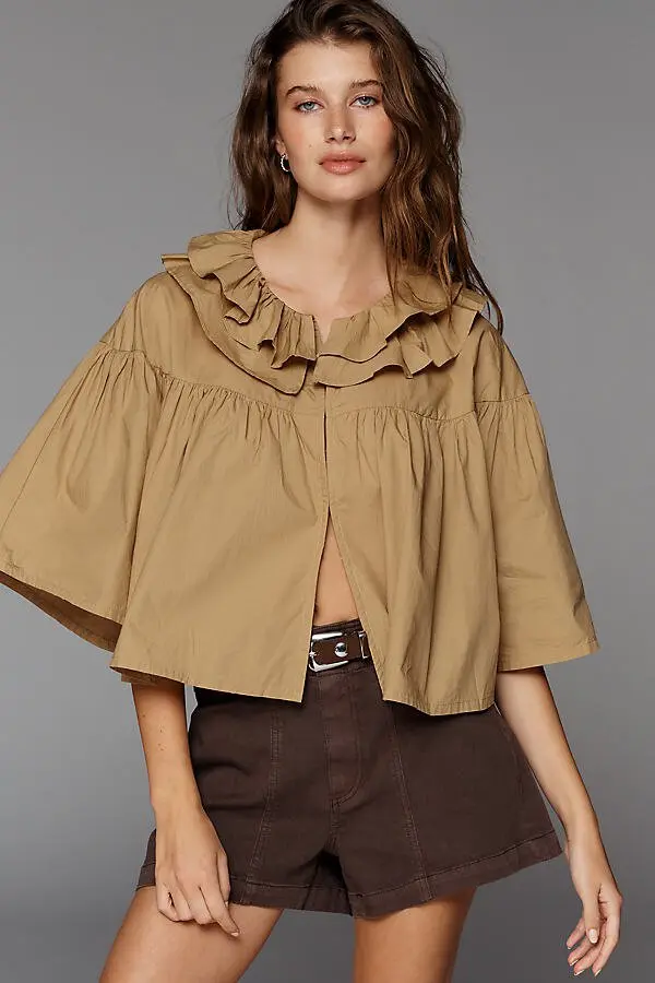 Maeve Ruffle Collar Swg Top - Khaki