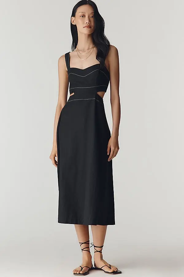 Anthropologie Linen-blend Cutout Midi Dress - Black
