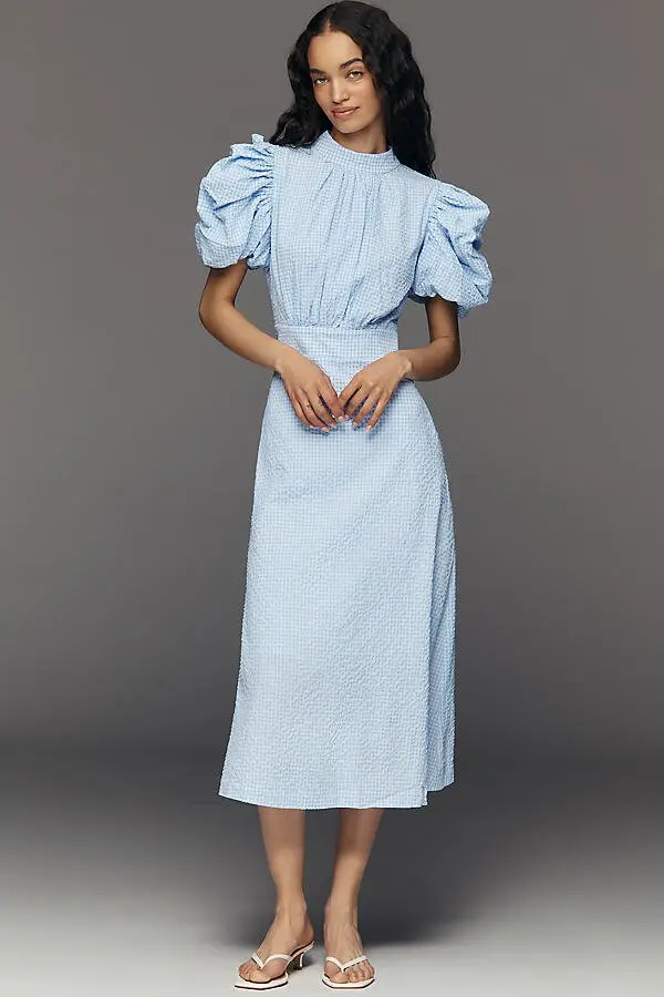 English Factory Puff-sleeve Midi Dress - Light Blue