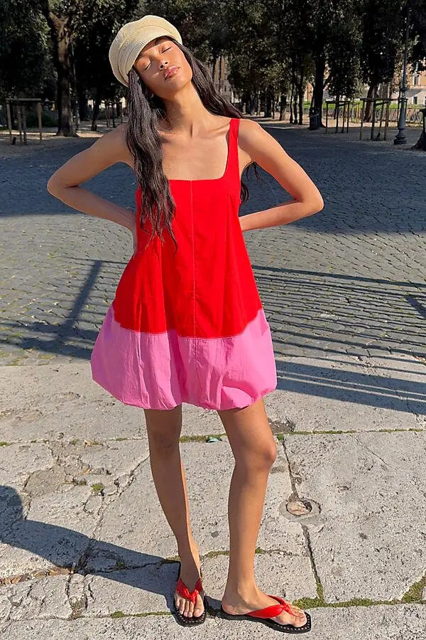 Maeve Poplin Bubble Mini Dress - Pink/red