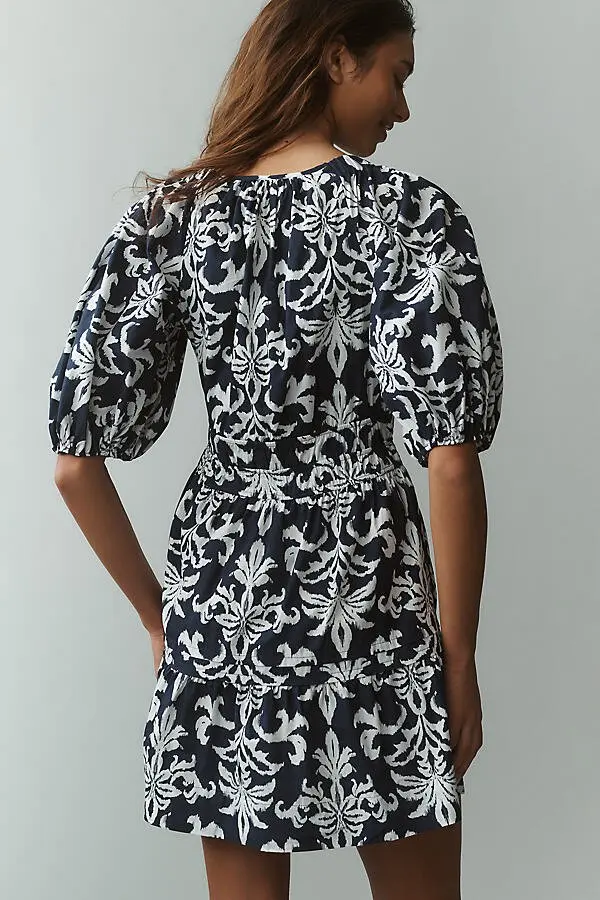 Maeve Puff-sleeve Smocked A-line Mini Dress - Navy