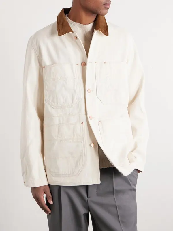 DRAKE'S Corduroy-trimmed Denim Chore Jacket - Neutrals