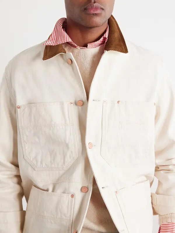 DRAKE'S Corduroy-trimmed Denim Chore Jacket - Neutrals