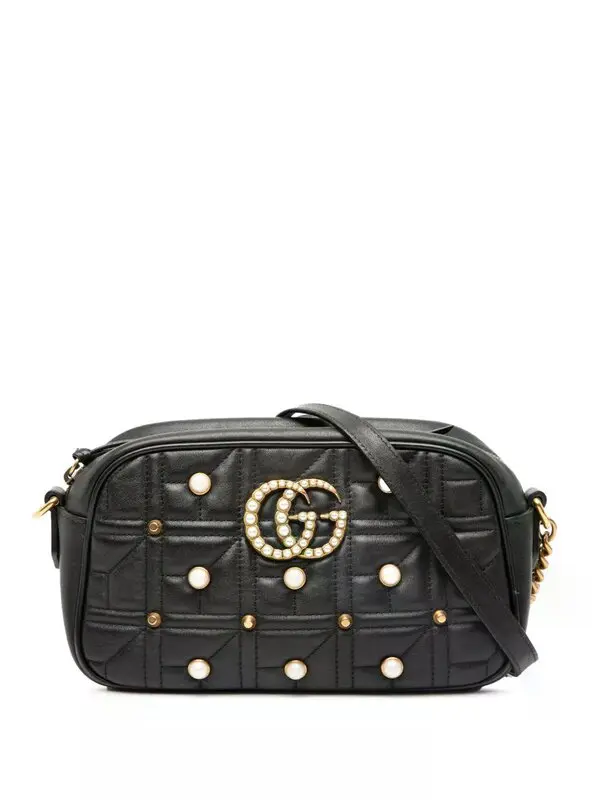 Gucci Gg Marmont Matelasse Leather Pearl Studded Crossbody Bag - Black