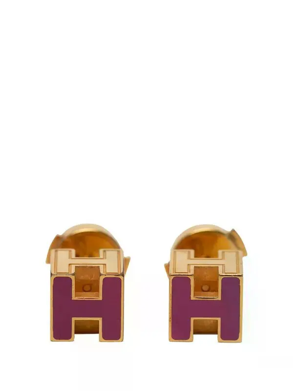 Hermès 20th Century Gold Plated Enamel Cage Dh Cube Push Back Earrings Costume Earrings - Purple