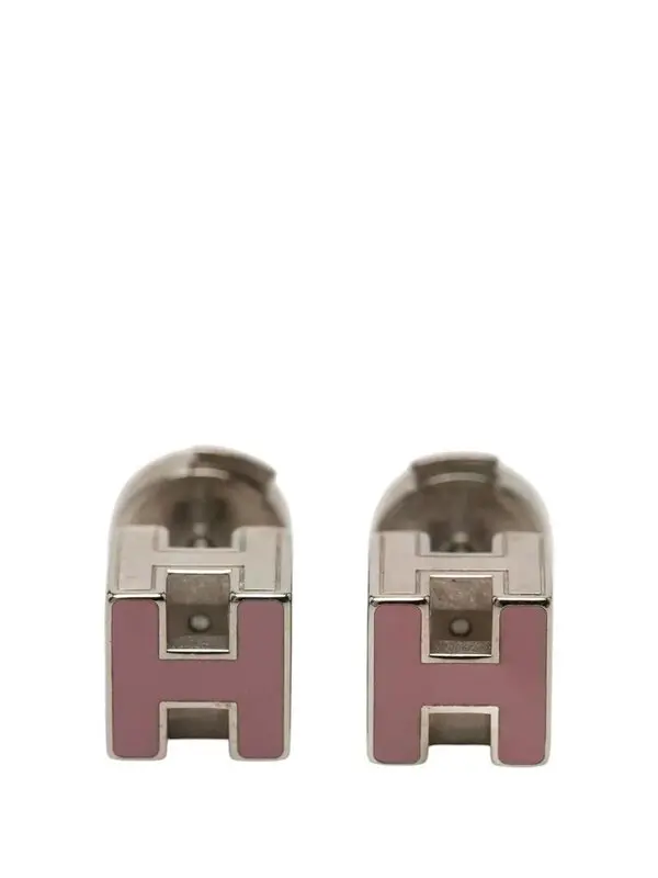 Hermès 2000-2025 Palladium Plated Enamel Cage D H Push Back Earrings Costume Earrings - Pink