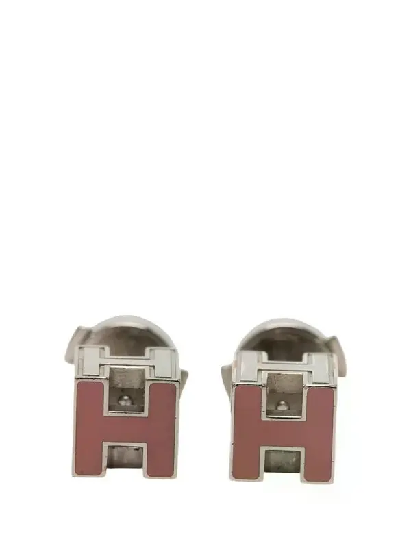 Hermès 2000-2025 Palladium Plated Enamel Cage Dh Cube Push Back Earrings Costume Earrings - Pink