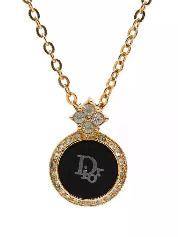 Dior Gold Plated Enamel Logo Pendant Necklace - Black