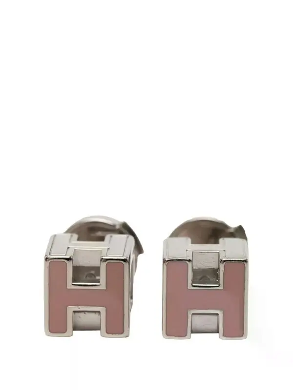 Hermès 2010-2026 Palladium Plated And Enamel Cage D H Push Back Earrings Costume Earrings - Pink