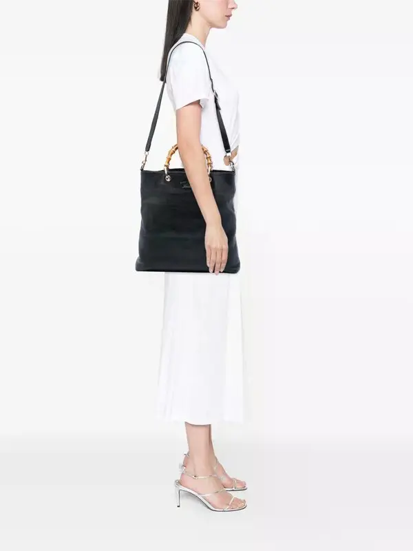 Gucci Tall Leather Bamboo Shopper Tote Satchel - Black