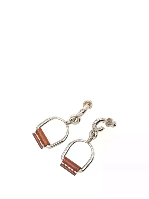 Hermès 2000-2025 Silver Plated And Swift Leather Equestre Etrier Push Back Earrings Costume Earrings - Brown